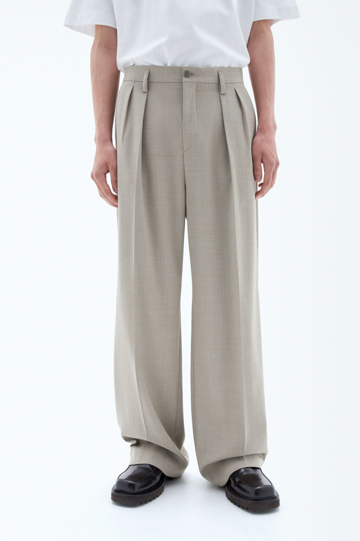Wide Wool Trousers - Sage Melange | Filippa K
