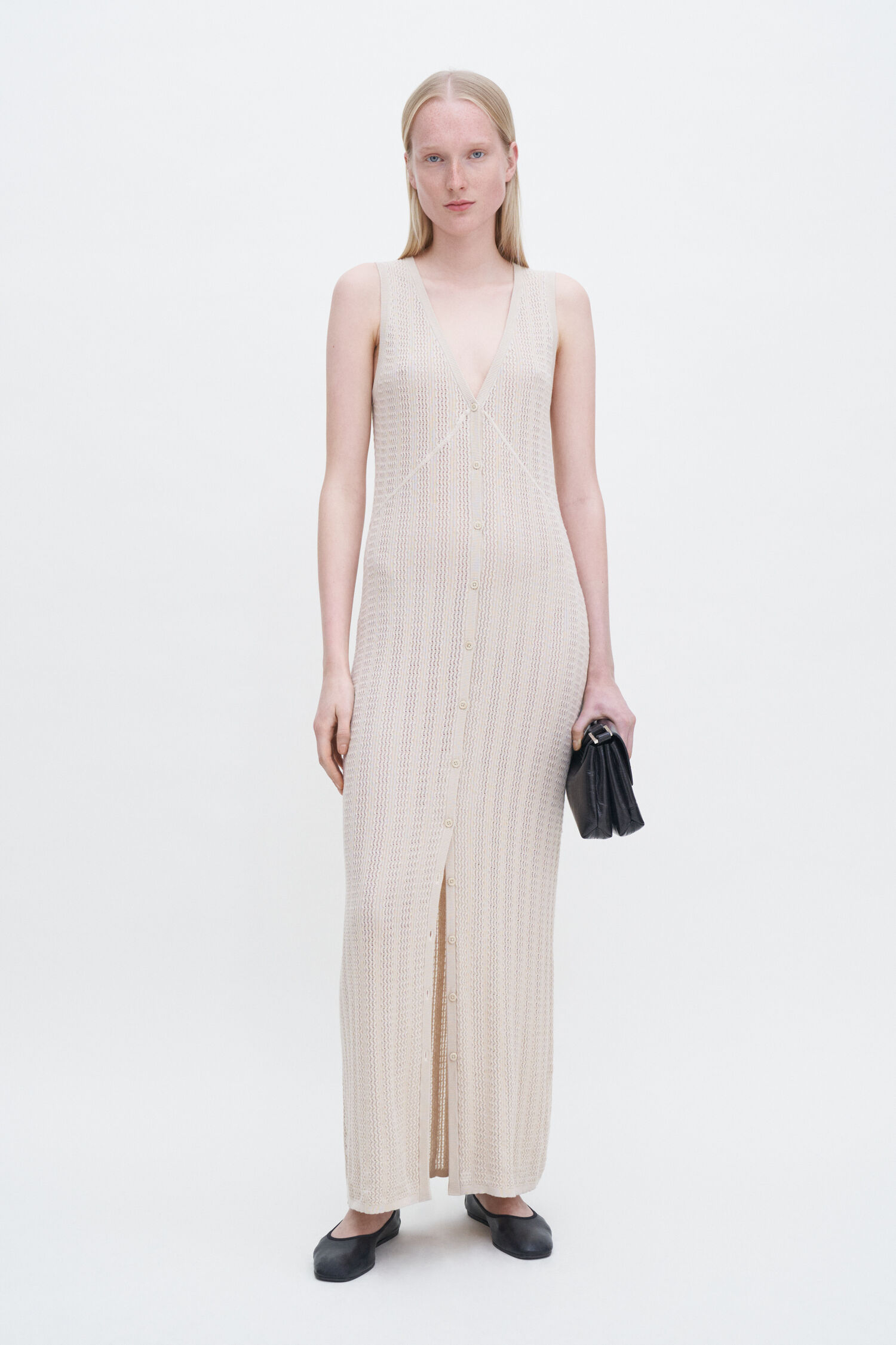 Buttoned Mesh Knit Dress - Light Beige | FILIPPA K